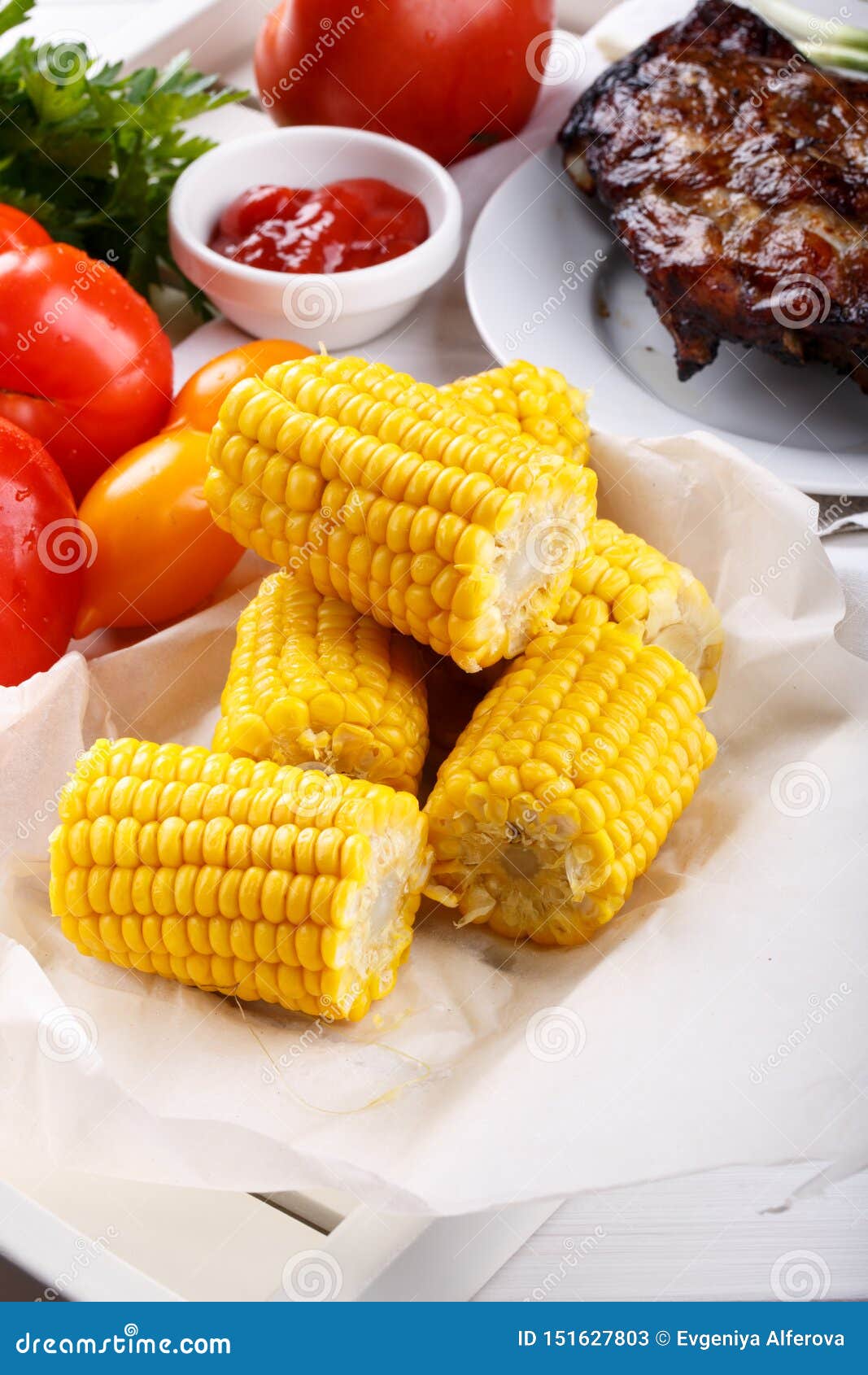 Boiled Sweet Corn Cob on White Tray Stock Image - Image of boiled ...