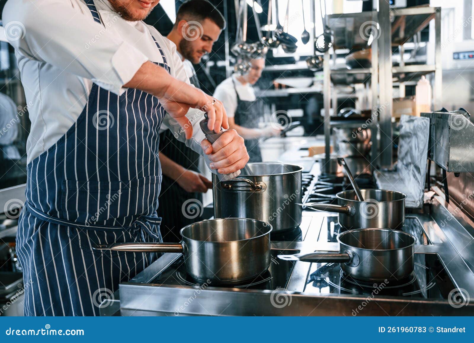 Boiling and Adding Ingredients. Kitchen Workers is Together Preparing ...