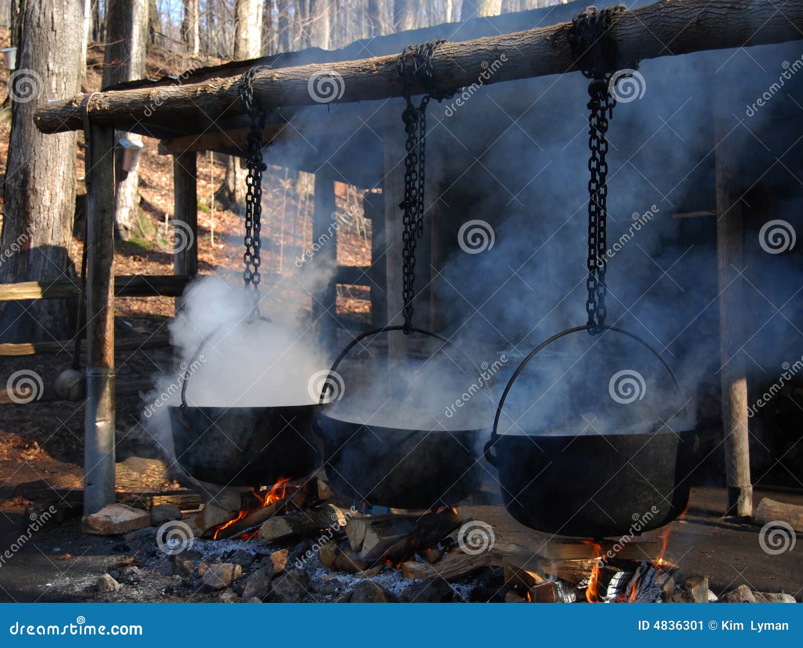 Old-fashioned Boiling Water Uses Firewood To Make A Fire. Black And ...