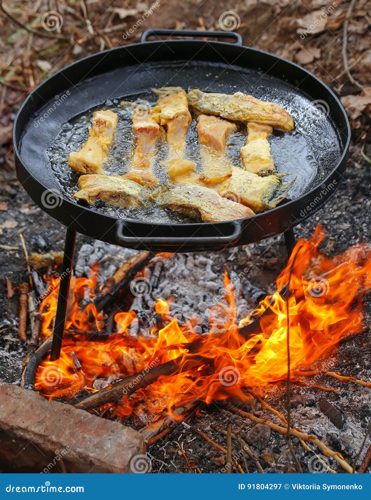 Boiling in Oil on Opened Fire, Frying Fish Fillet. Stock Image - Image ...