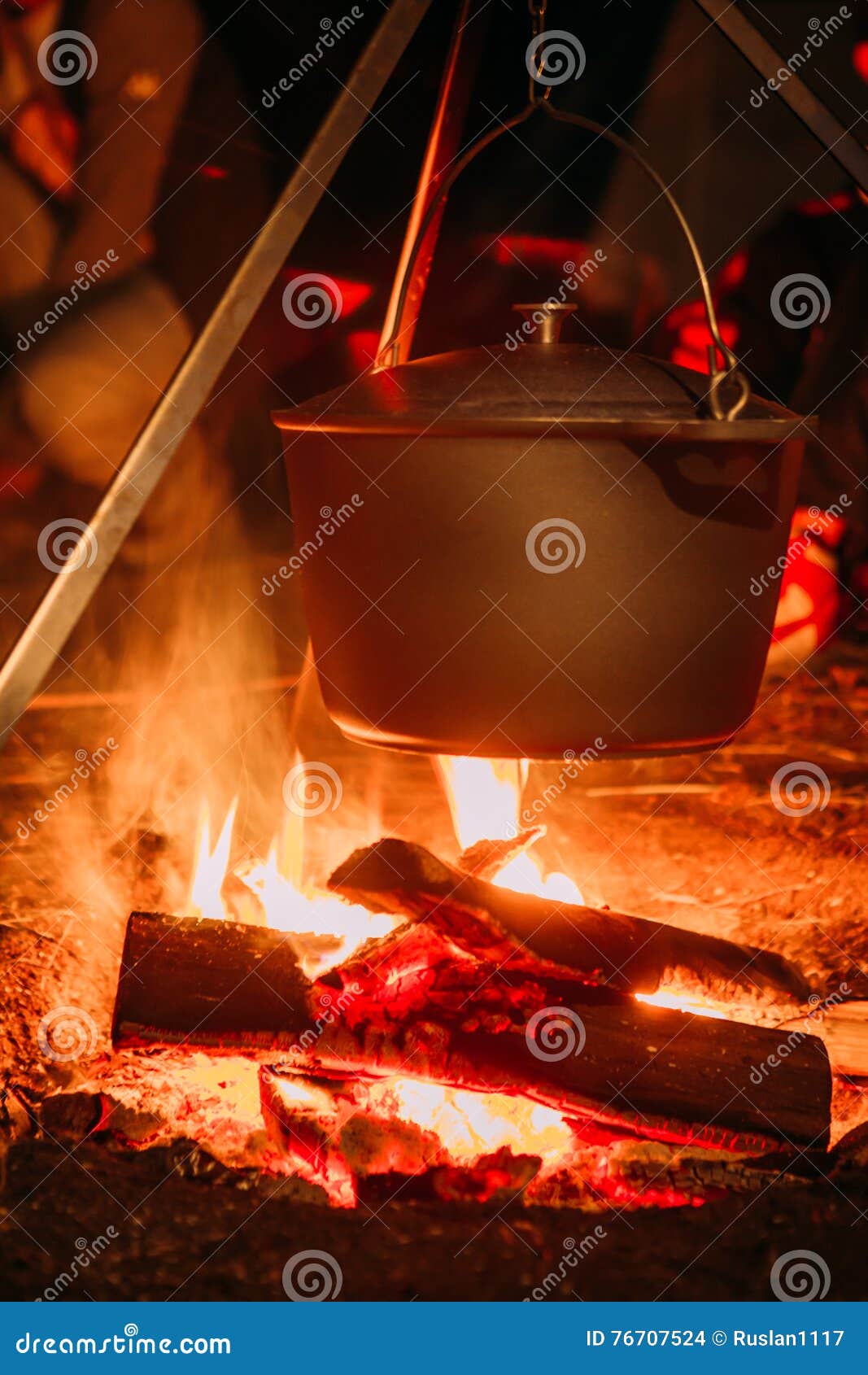 Boiling Pot Over an Open Fire on a Blurred Background Stock Photo ...