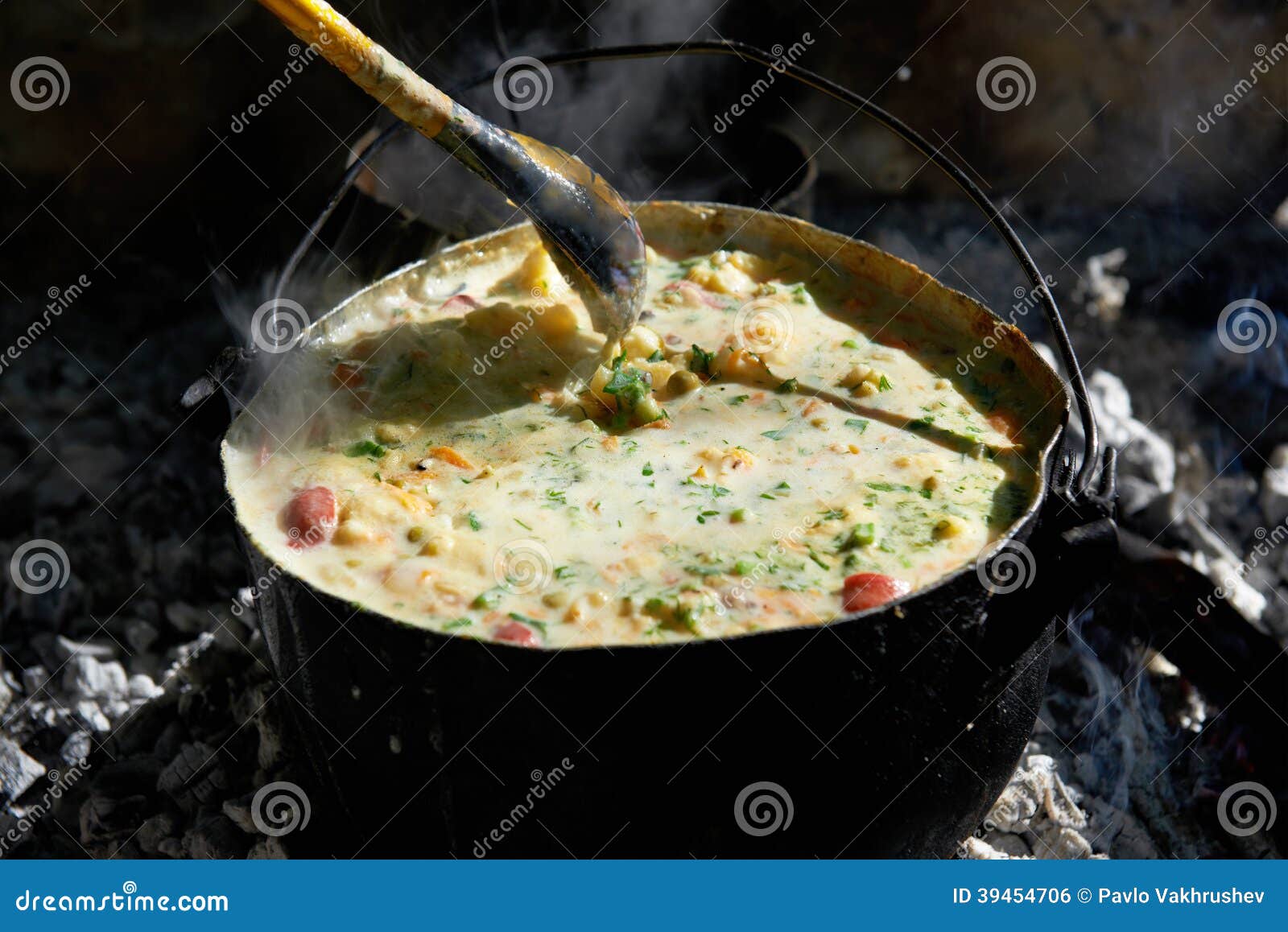 Boiling soup in a pot stock photo. Image of iron, hiking - 39454706