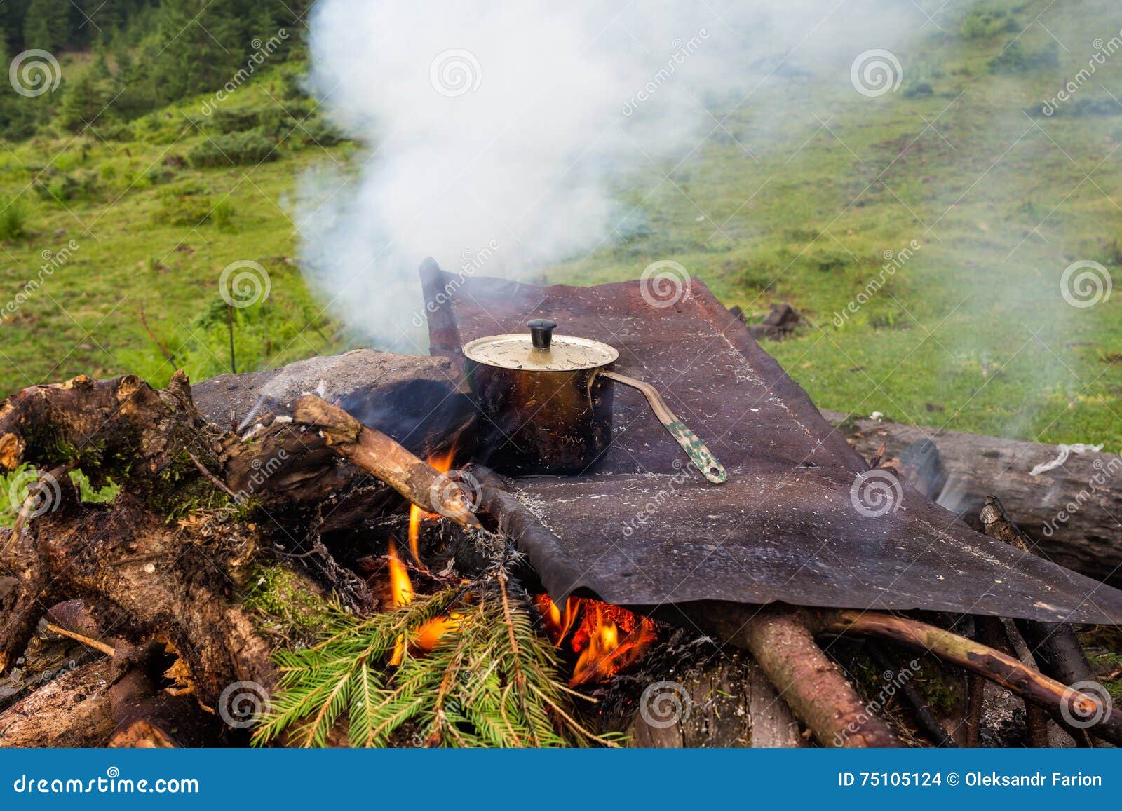 Boiling Water on Campfire at the Mountains Camping Stock Photo - Image ...