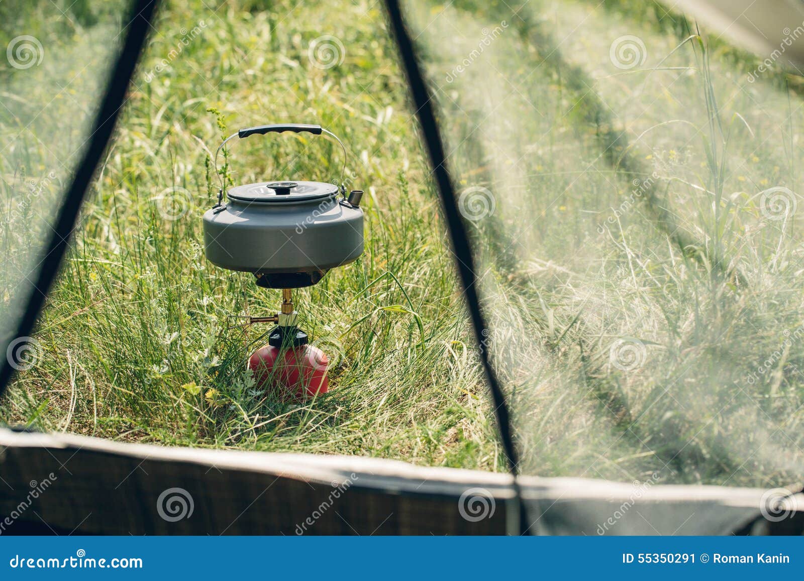 Boiling Water in Kettle on Portable Camping Stove Stock Image - Image ...