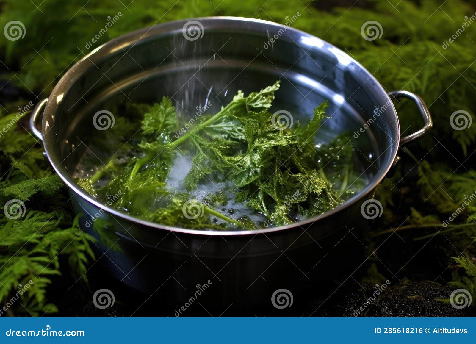 Boiling Water with Nettle Inside a Camping Pot Stock Photo - Image of ...