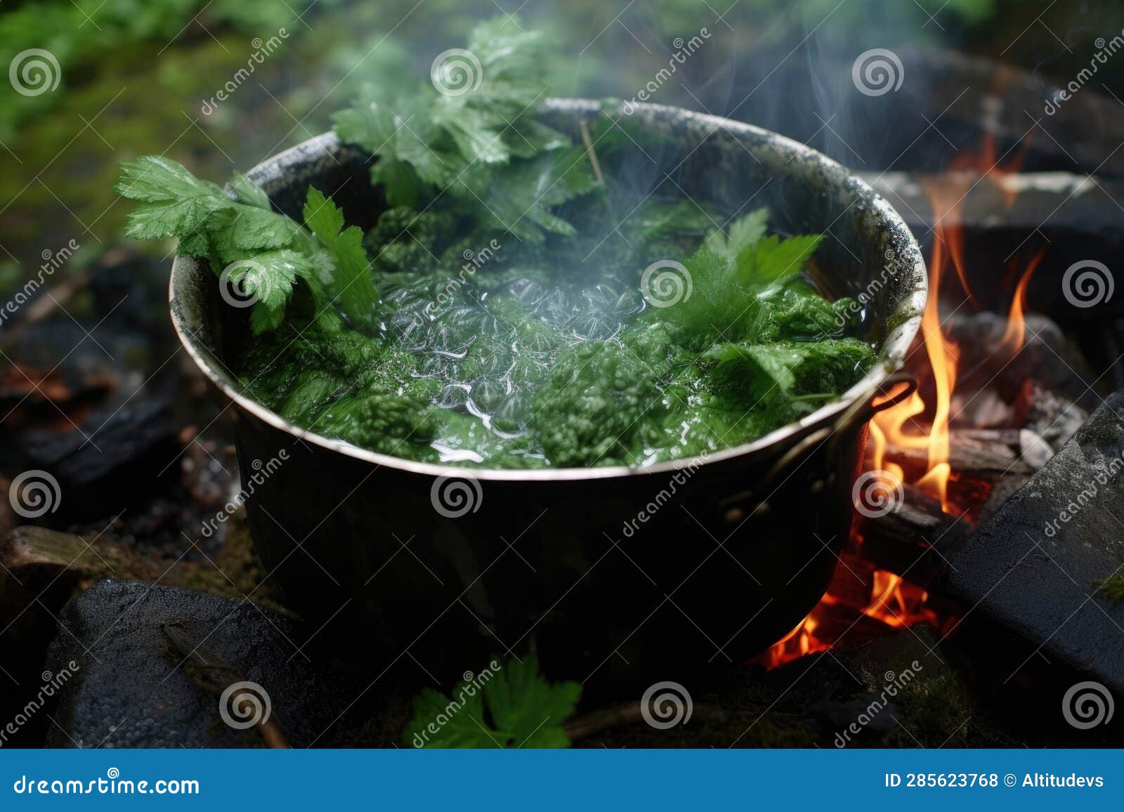 Boiling Water with Nettle Leaves in a Pot Over Fire Stock Illustration ...