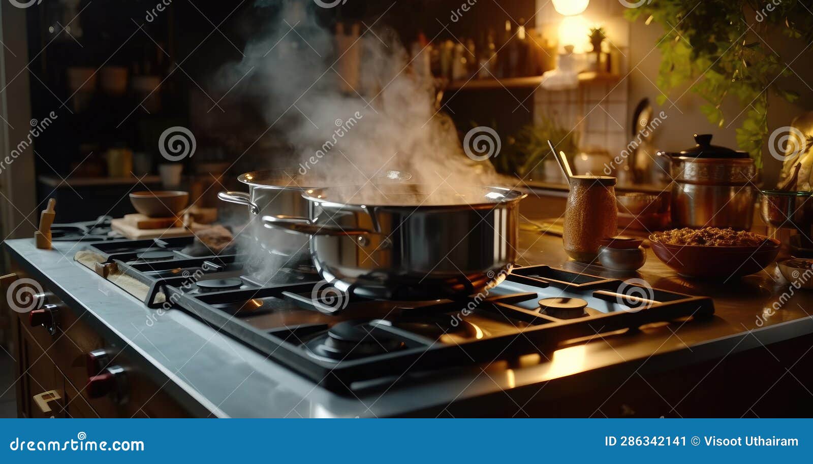 Boiling Water in the Pot on the Stove in a Modern Kitchen, Water ...