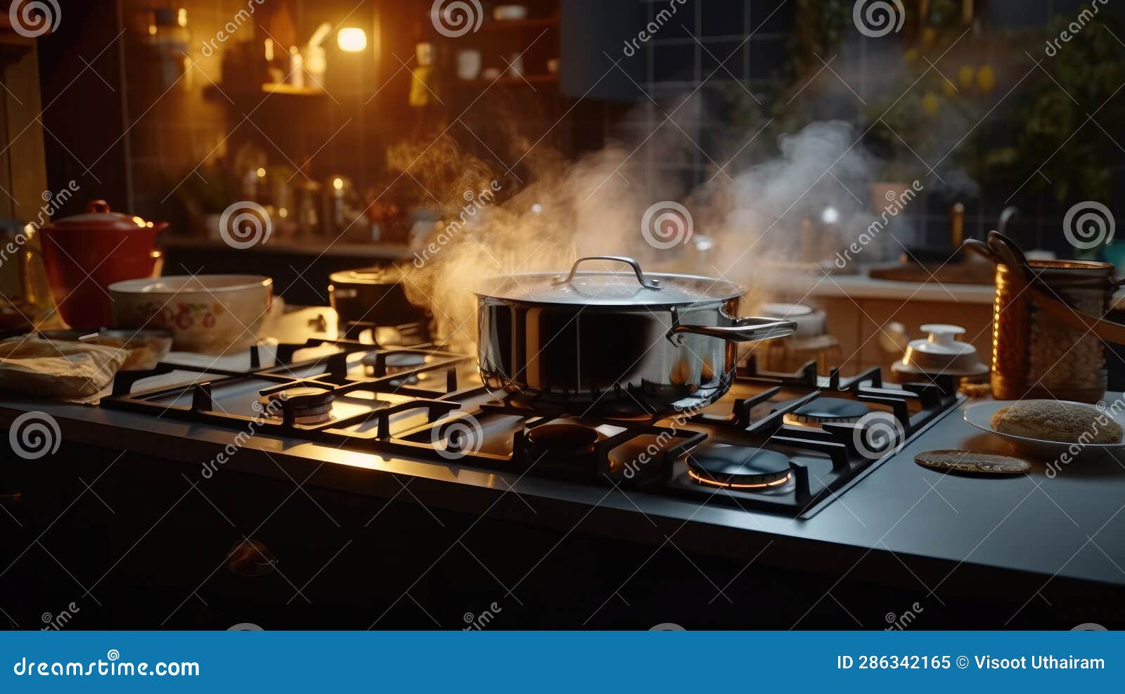 Boiling Water in the Pot on the Stove in a Modern Kitchen, Water ...