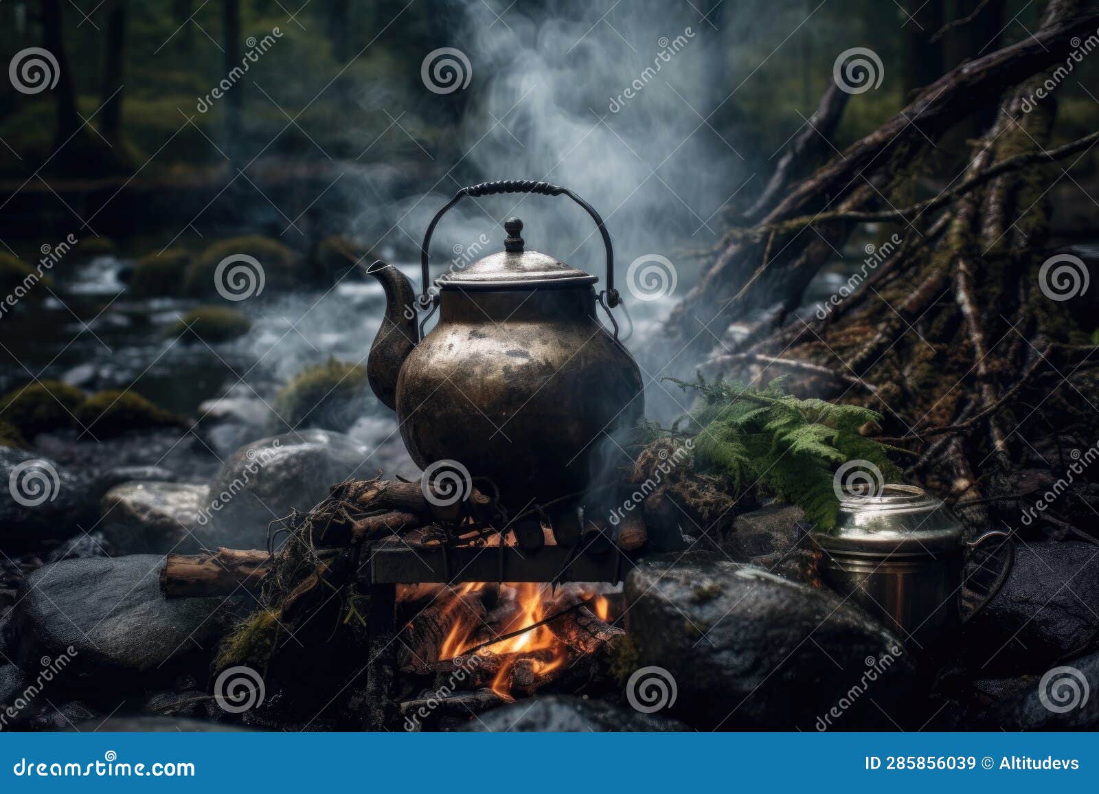 Boiling Water in a Rustic Kettle Over Campfire Stock Image - Image of ...