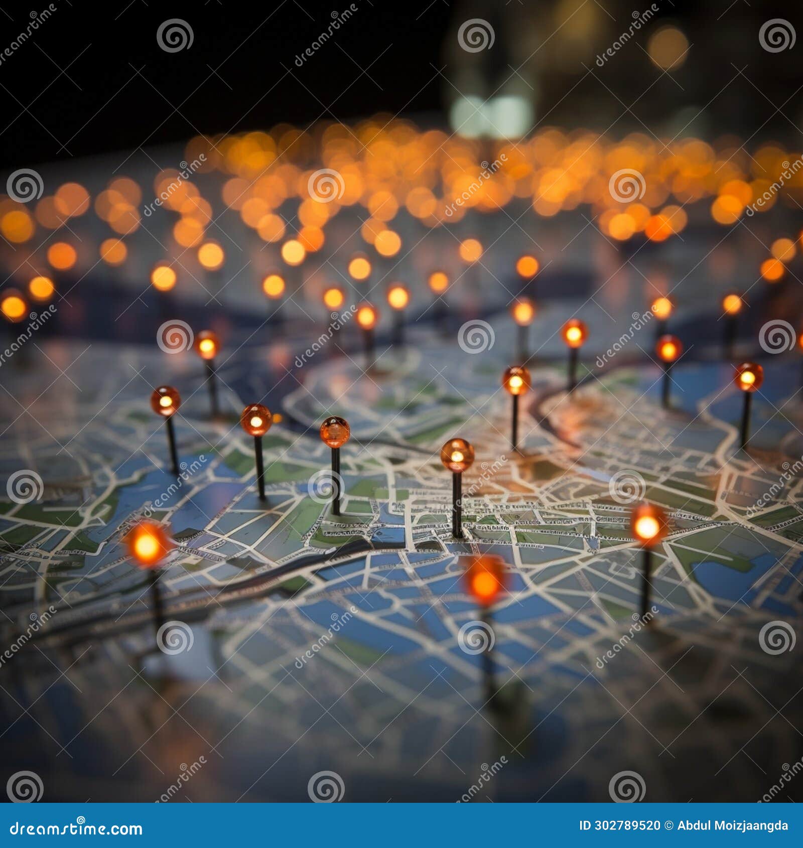 Bokeh Lights on a Map, Marking Locations in Paris Stock Illustration ...