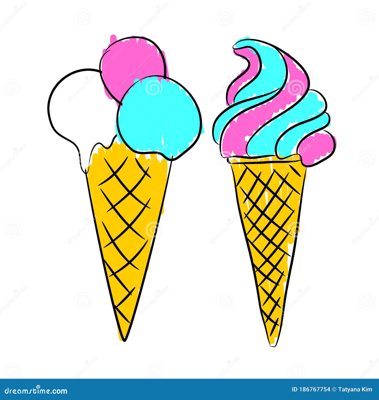 Bolas De Helado De Helado De Cono De Gofre Doodle De Dibujo Vectorial