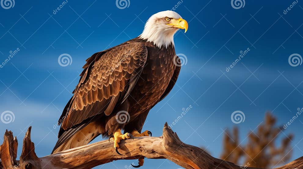 Bold and Angular Bald Eagle Perched on Branch Against Blue Sky Stock ...