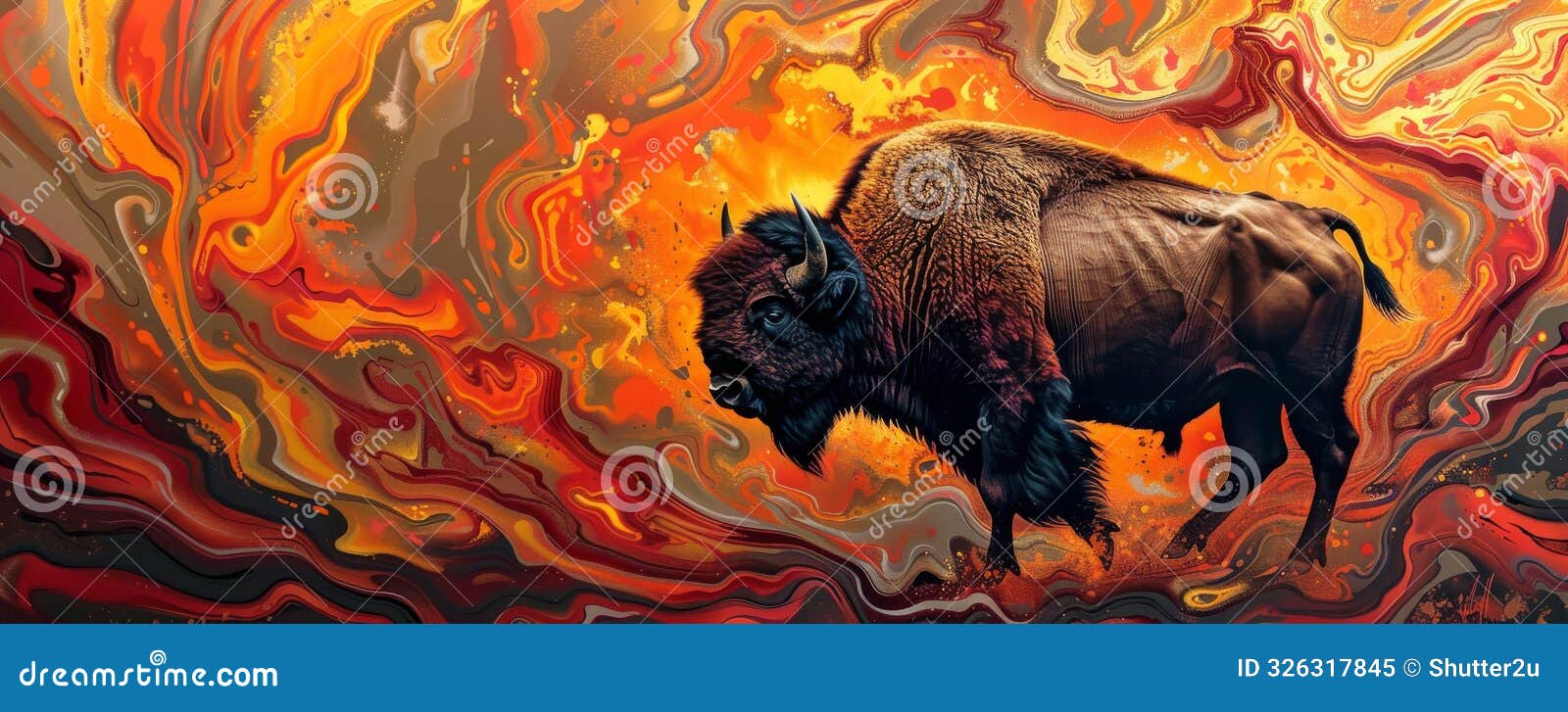 Bold Bison in a Sea of Fiery Abstract Waves Visual Feast Stock ...
