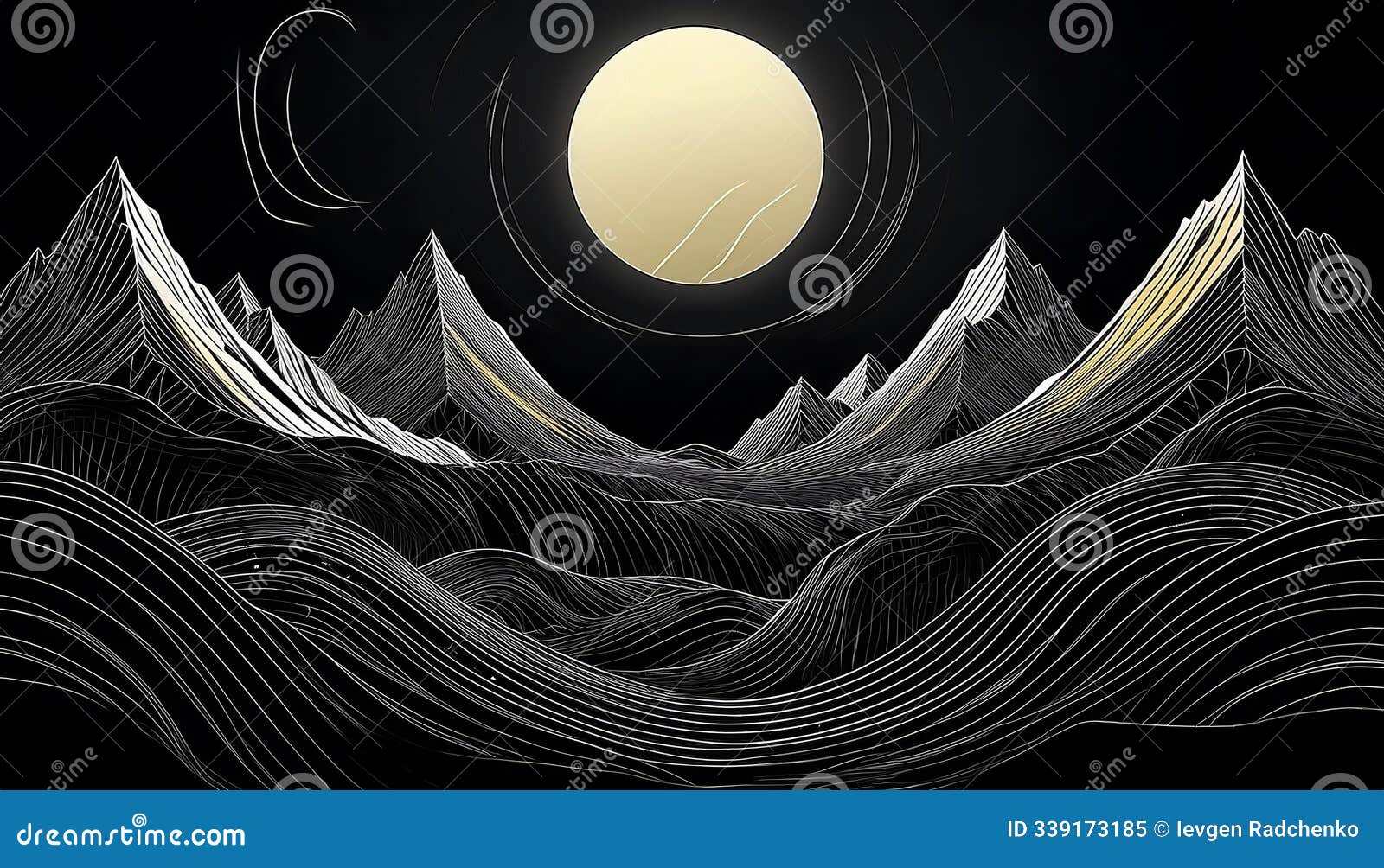 Bold Black and White Line Drawing of Angular Mountains with a Glowing ...