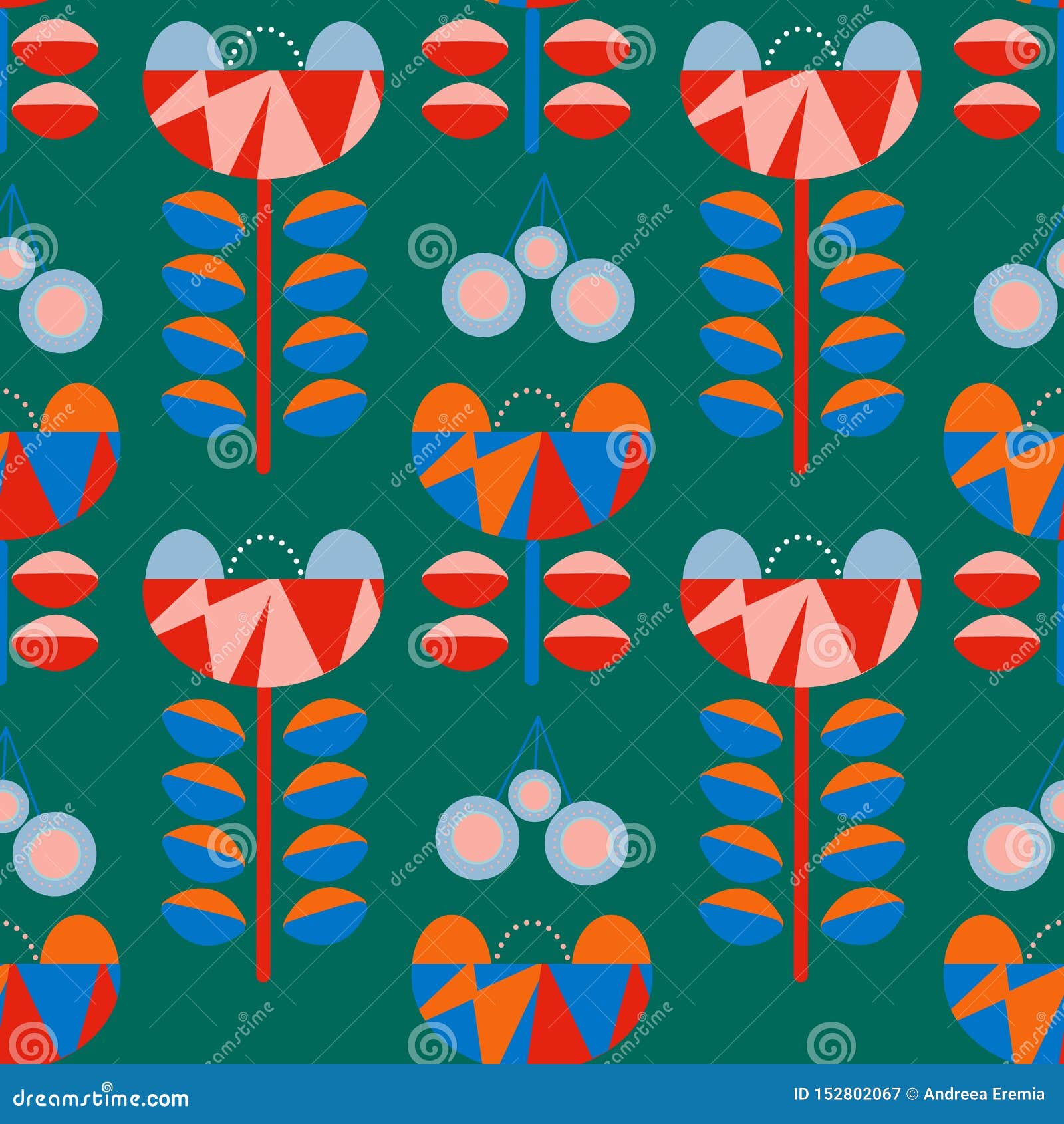 Bold Color Retro Flowers in a Seamless Pattern Design Stock Vector ...