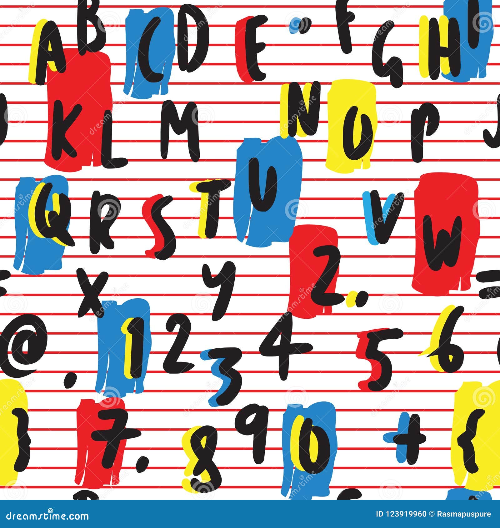 Bold and Colorful Letters and Numbers Hand Drawn Seamless Pattern on ...