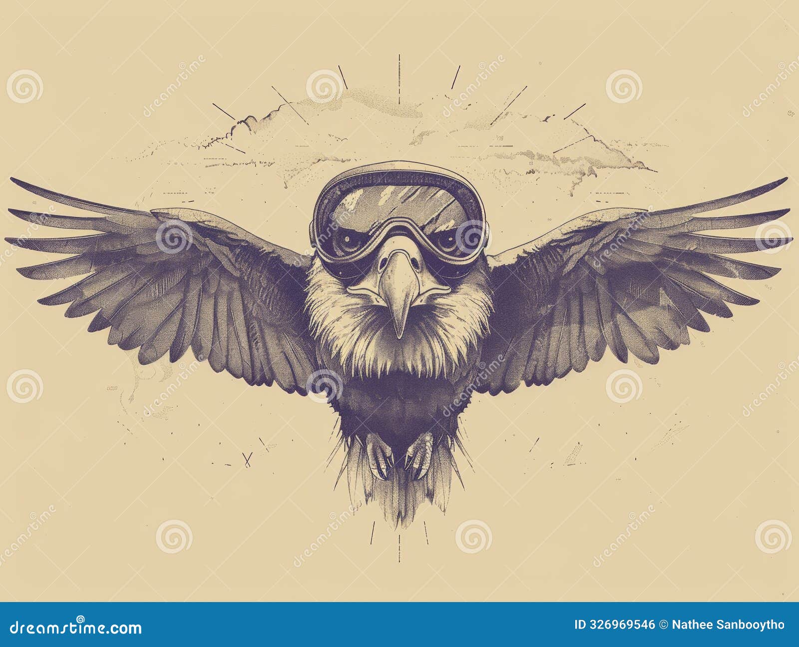 A Bold Eagle Wearing Goggles Soars through the Sky, with Wings Spread ...