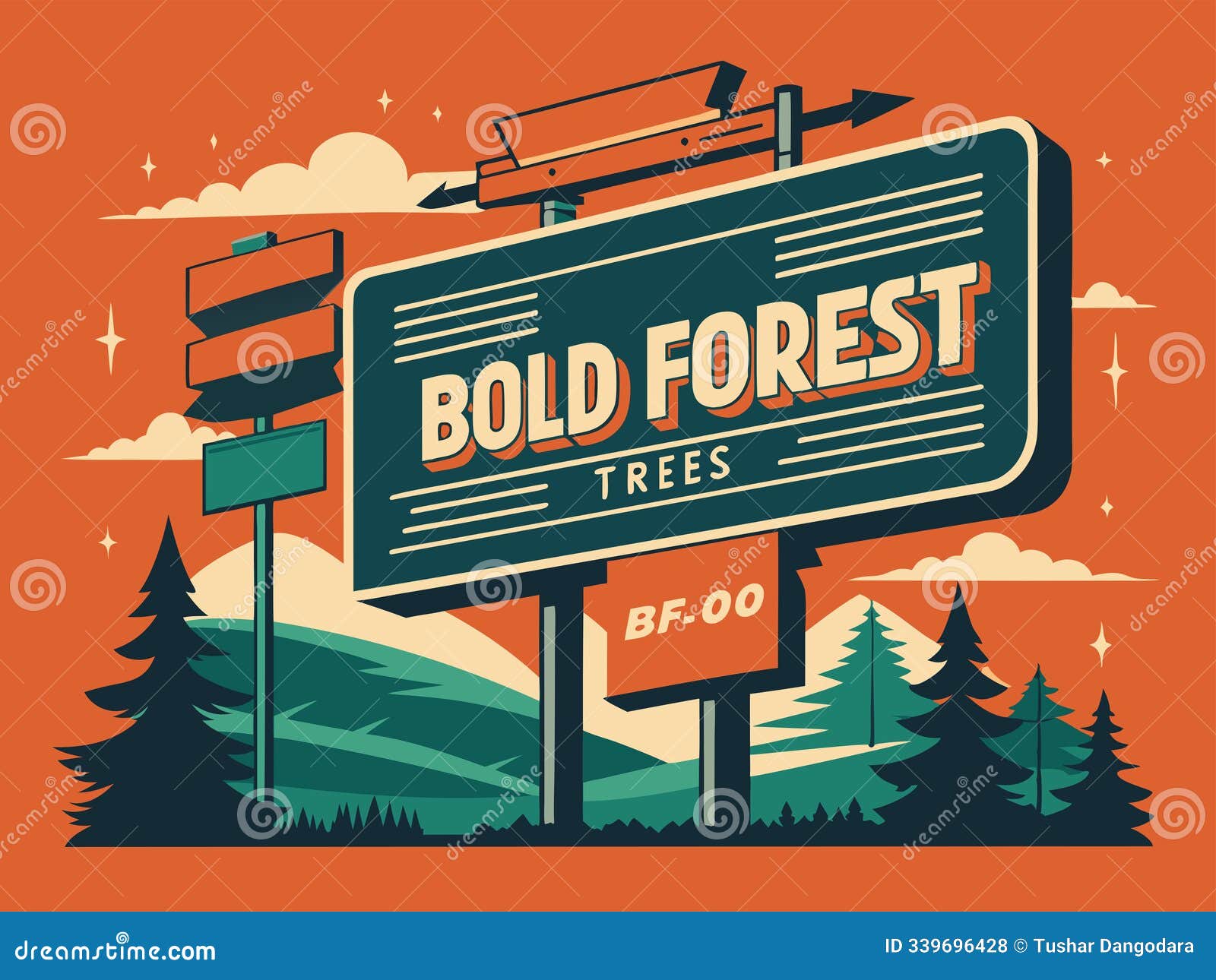 Bold Forest Signage Billboard Illustration with Neon Light Arrow Design ...