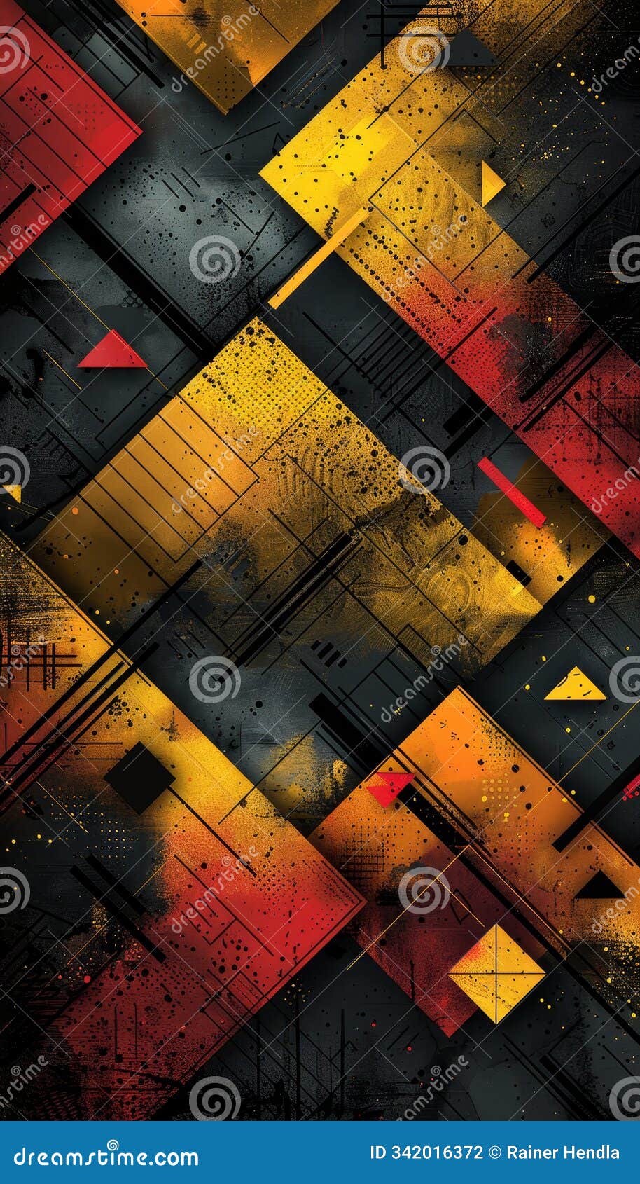 Abstract Geometric Shapes in Black, Red, Yellow, and Gold Hues with ...