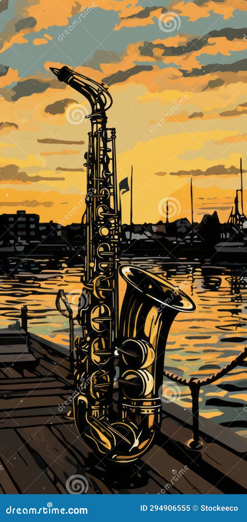Bold Graphic Illustration of Saxophone on Dock at Sunset Stock ...