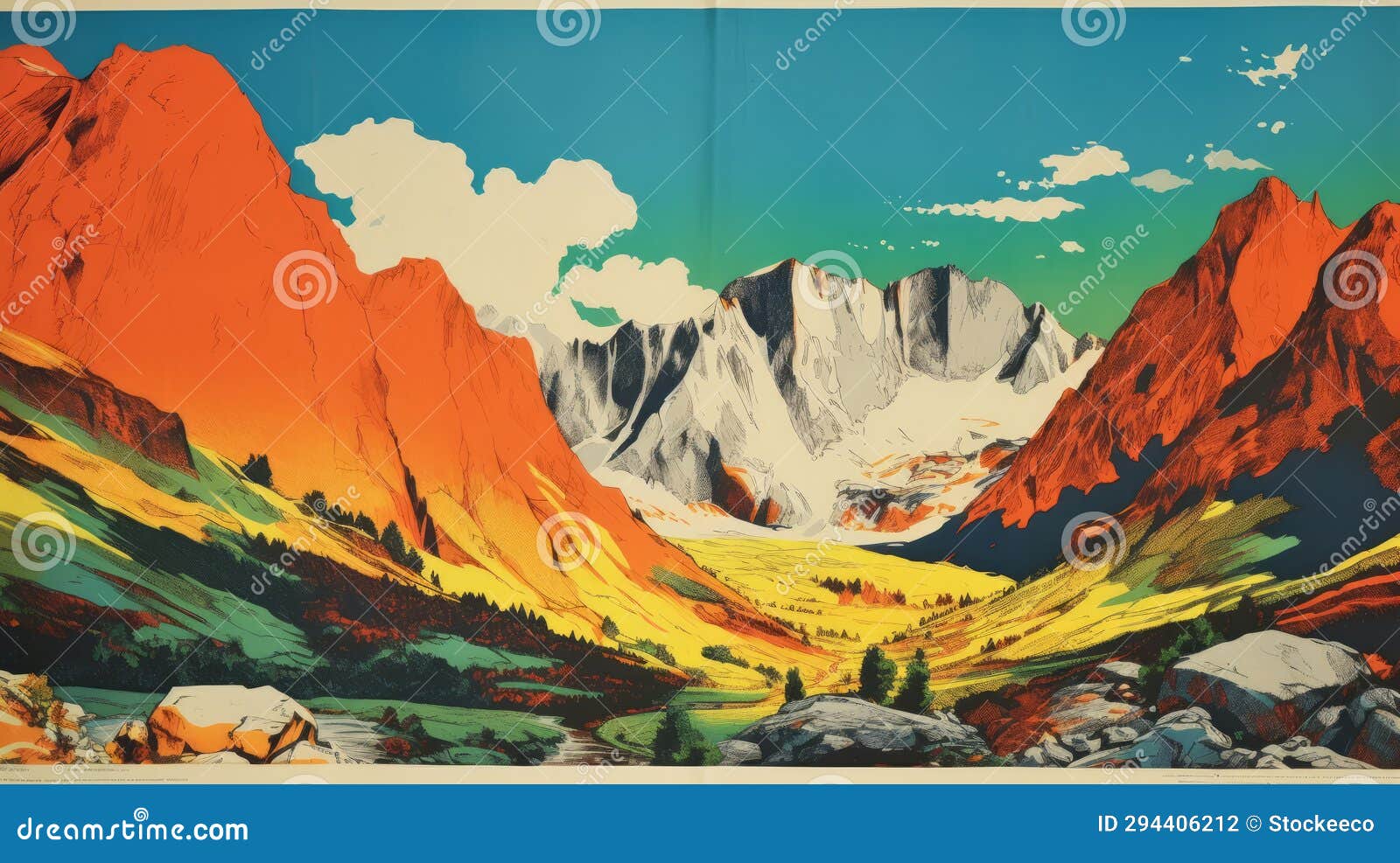 Bold Lithographic Poster Of Yosemite National Park With Panoramic Scale ...