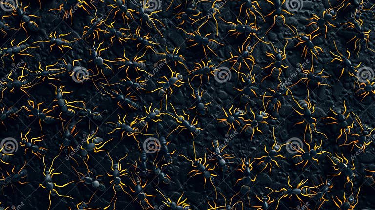 A Bold and Modern Pattern of Ants Marching in Rows on a Dark Background ...