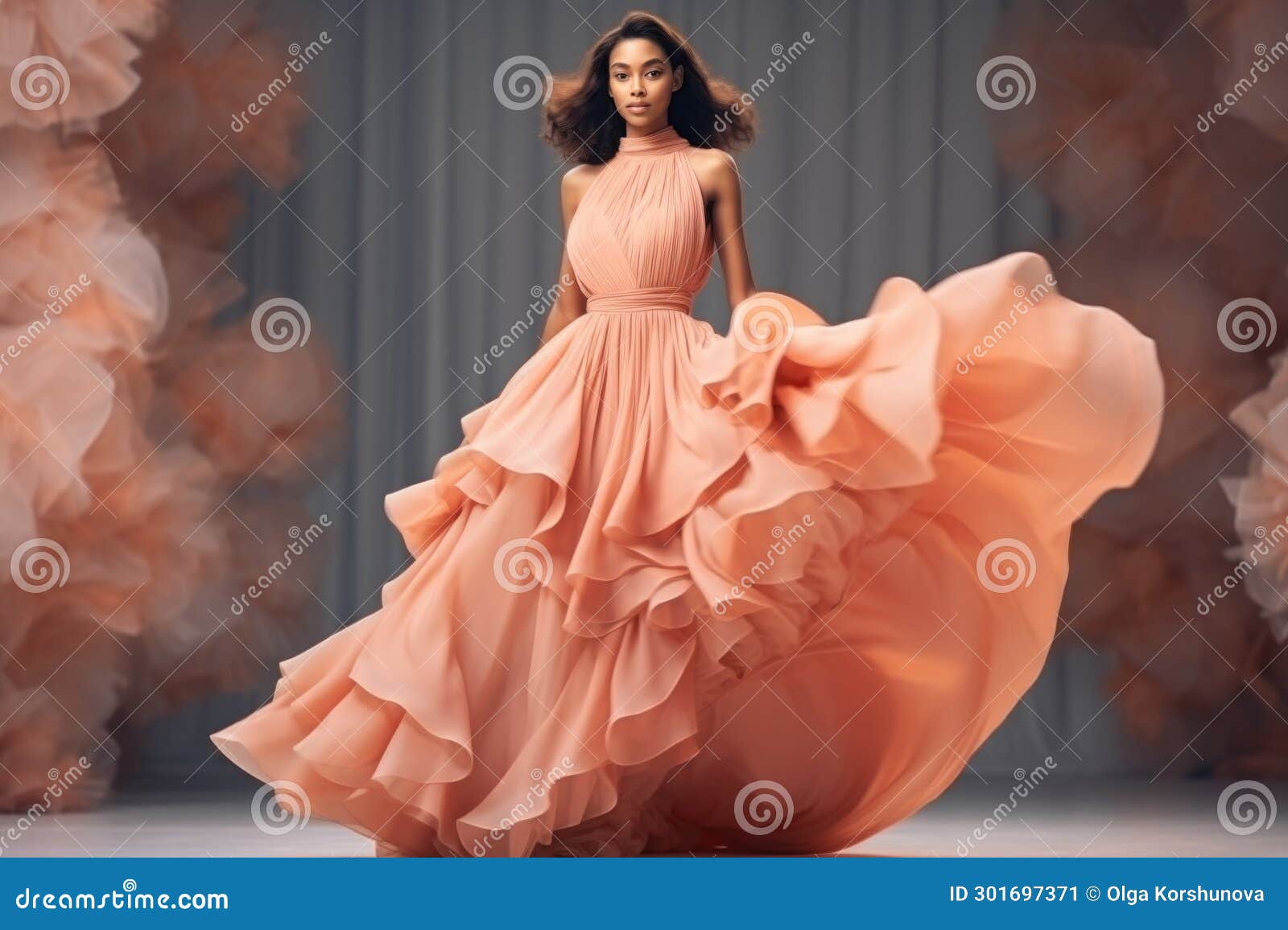 Bold Peach Ruffles Define Chic Runway Statement Look 2024. GenerativeAI ...