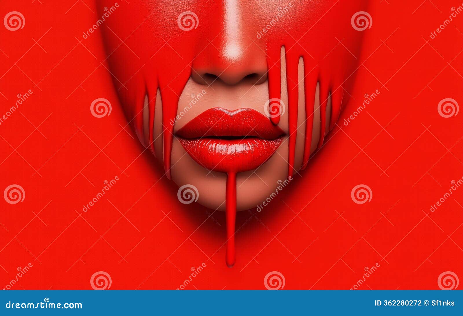 Bold Red Lip Art on Female Face with Creative Dripping Effect Stock ...