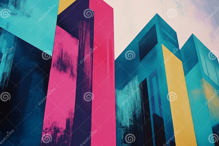 A Bold Risograph Cityscape Featuring Angular, Abstract Buildings and ...