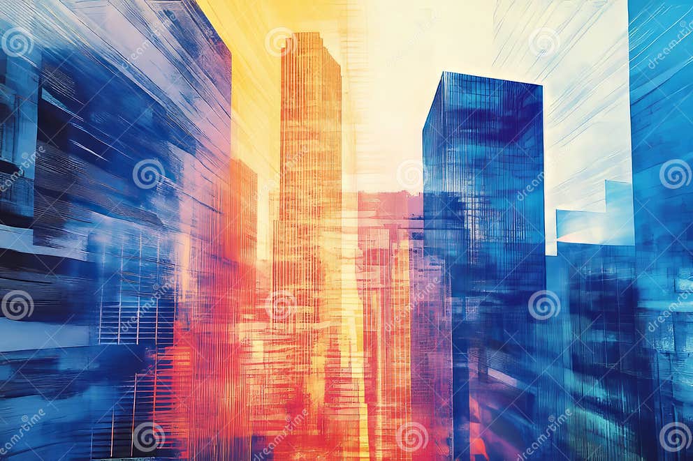 A Bold Risograph Cityscape Featuring Angular, Abstract Buildings and ...