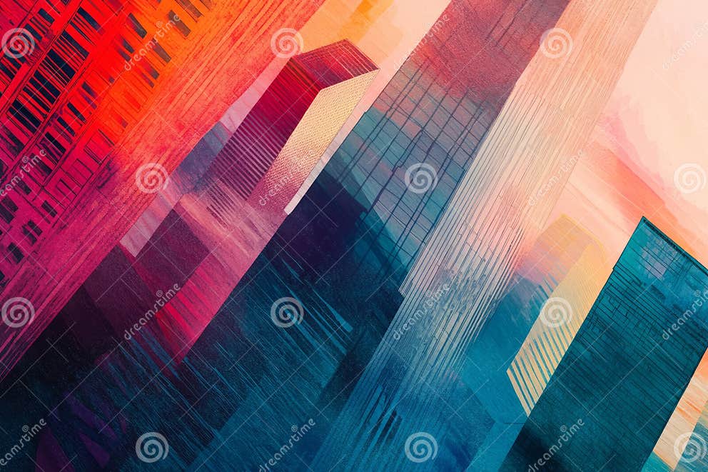 A Bold Risograph Cityscape Featuring Angular, Abstract Buildings and ...