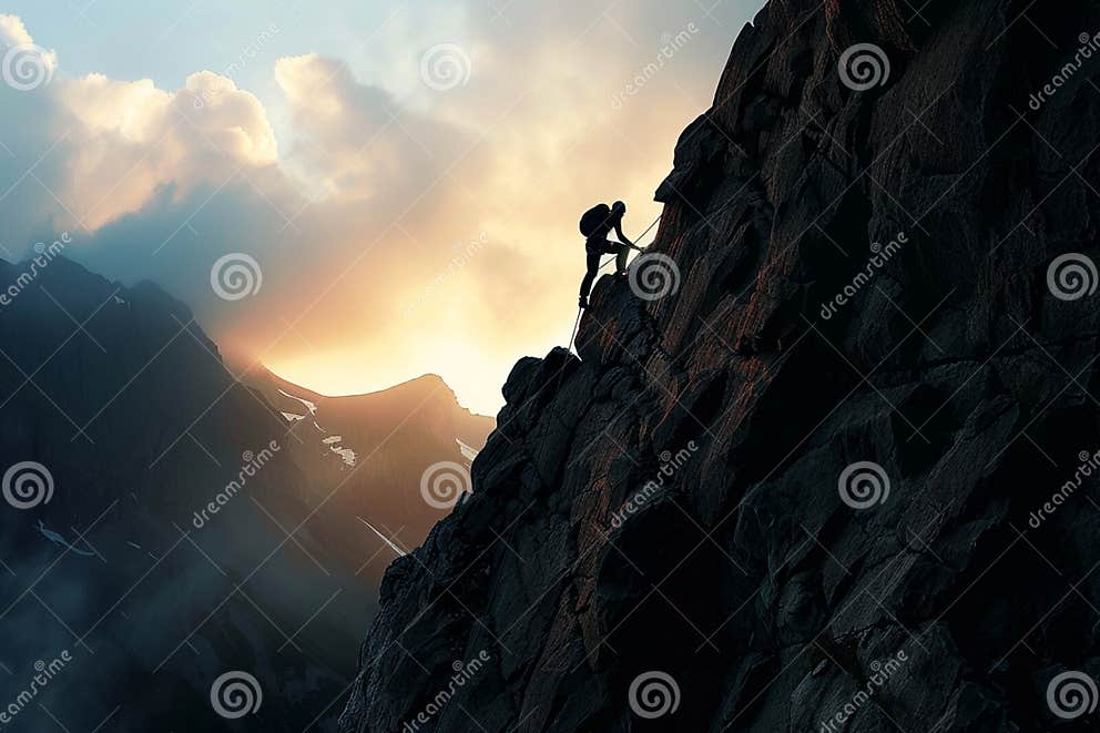 Bold Silhouette of a Climber Scaling Rocky Cliffs Amidst Mountains ... Bold Silhouette of a Climber Scaling Rocky Cliffs Amidst Mountains ...