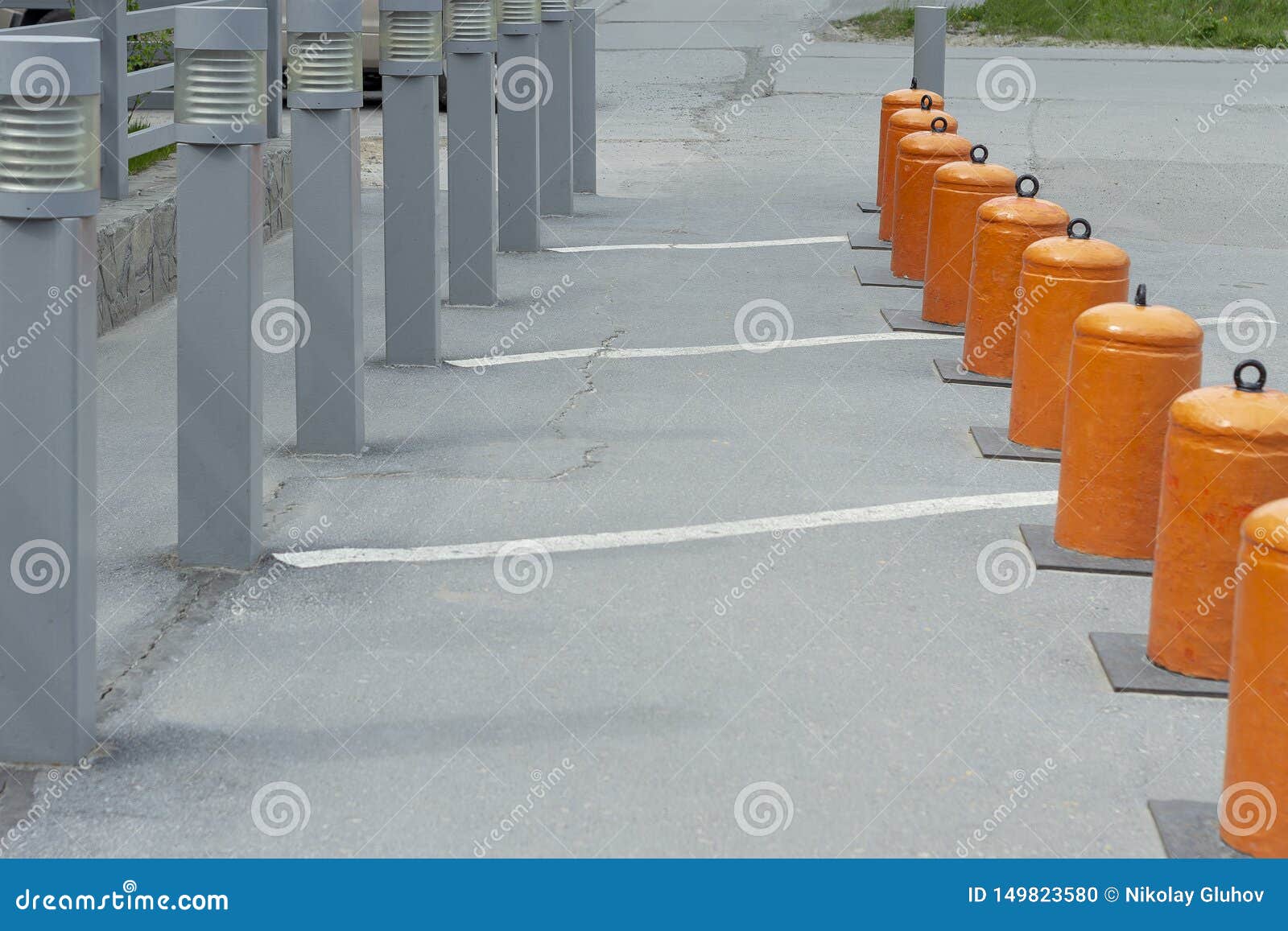 Bollards with Lamps and Protective Parking Devices Stock Photo - Image ...