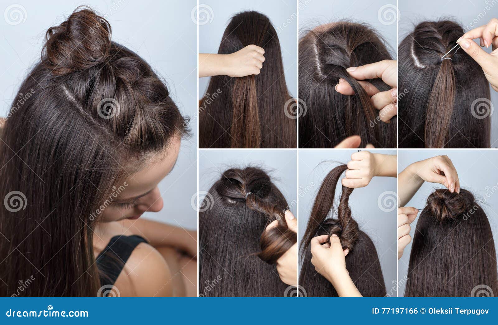 Bollo Moderno Del Peinado Con Tutorial De La Trenza Foto de archivo ...