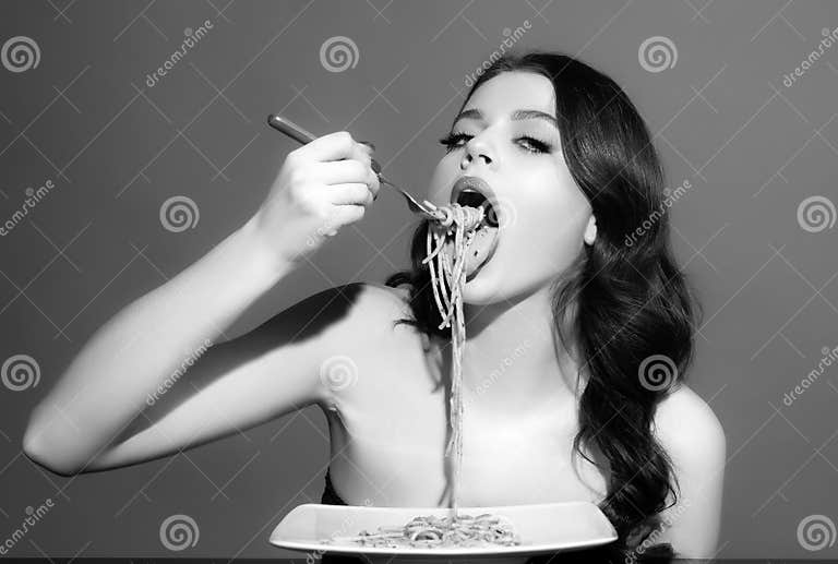 Bolognese Pasta Woman Eating Italian Meal Spaghetti Healthy Menu Stock Image Image Of