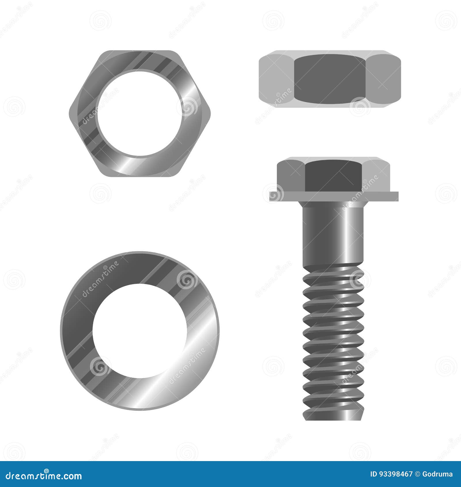 Bolt Fastener and Several Types of Nuts Realistic Vector Illustration ...