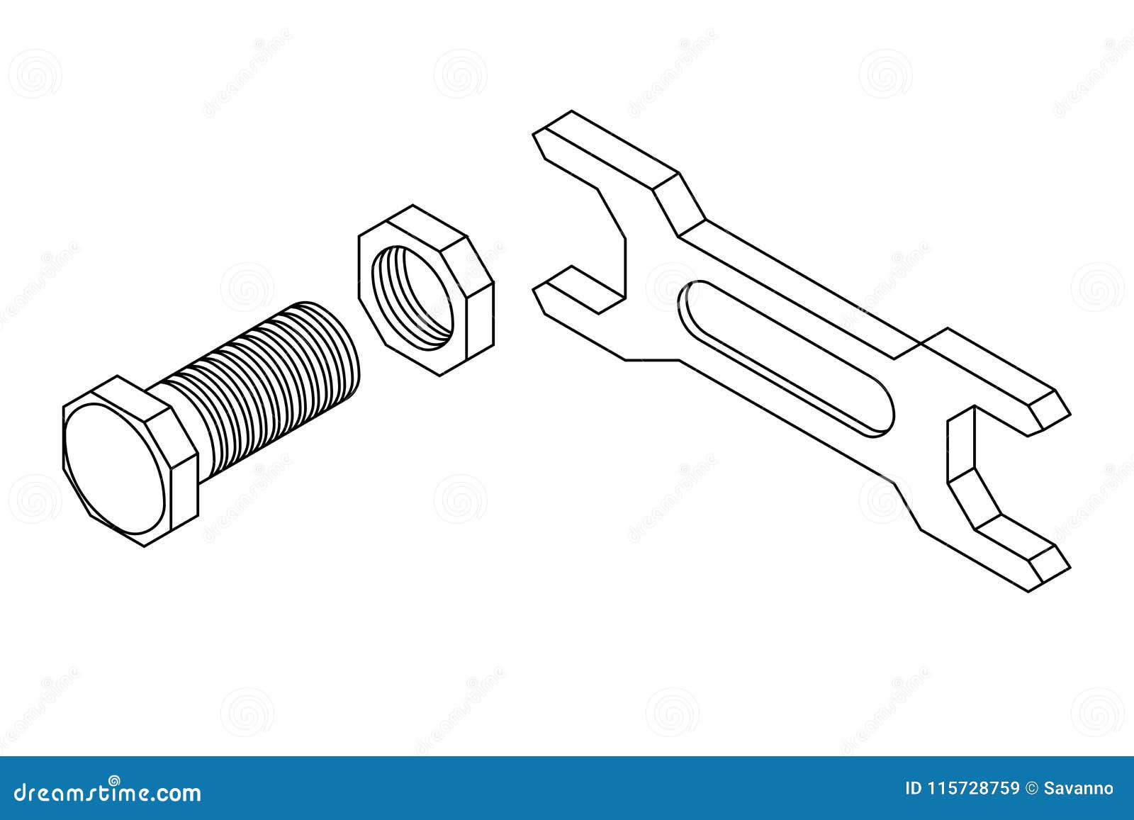 Bolt With Nut And Spanner. Outline Drawing Cartoon Vector ...