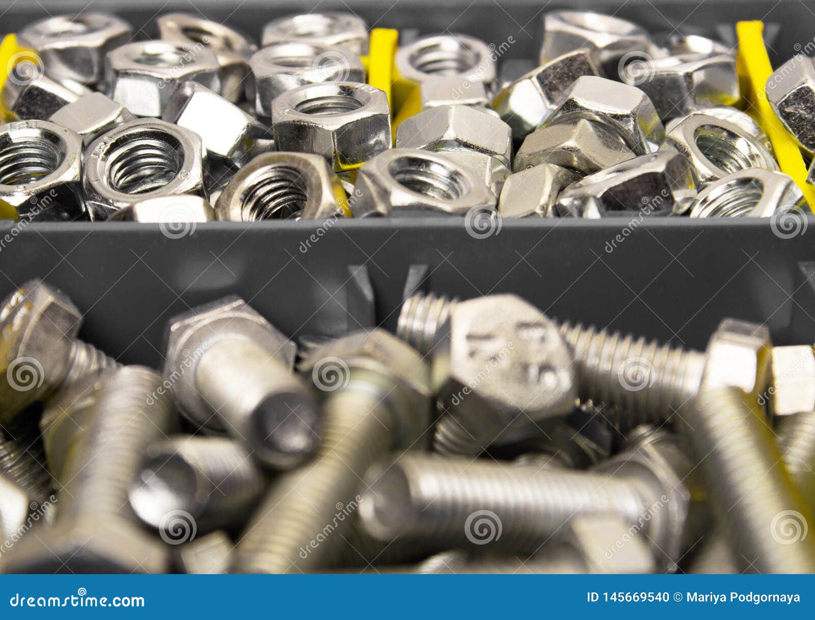 Bolts and Nuts Sorted in Container with Gray and Yellow Partitions ...