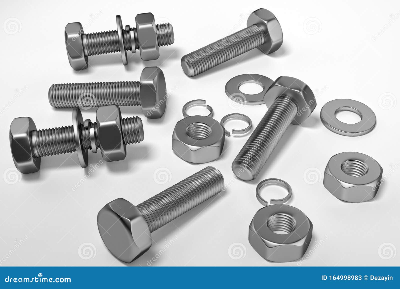Bolts, Nuts, Washers, Growers. 3D Rendering Stock Illustration ...