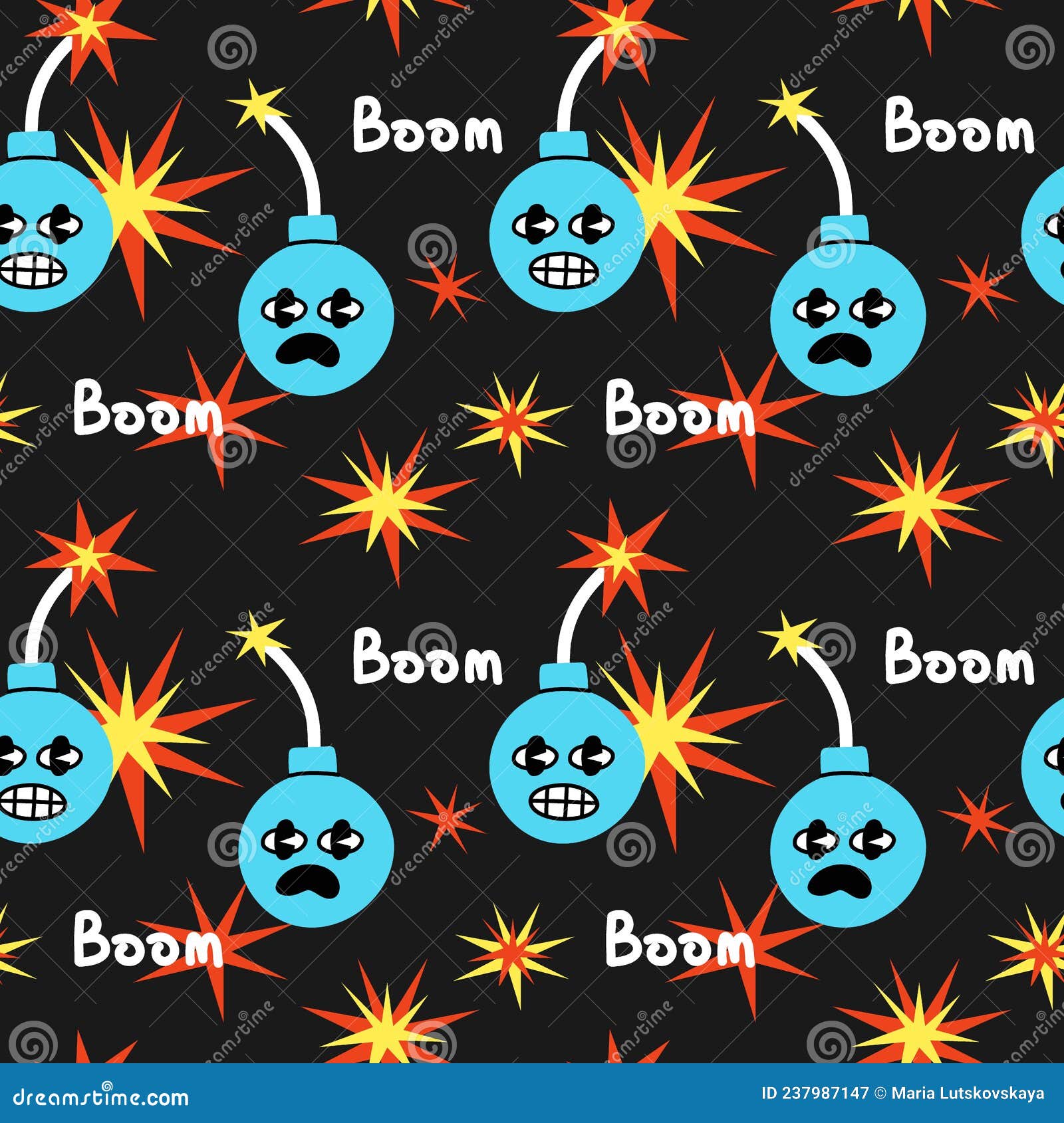 Bomb Comic Explosion Seamless Pattern. Black Round Dynamite Detonation ...