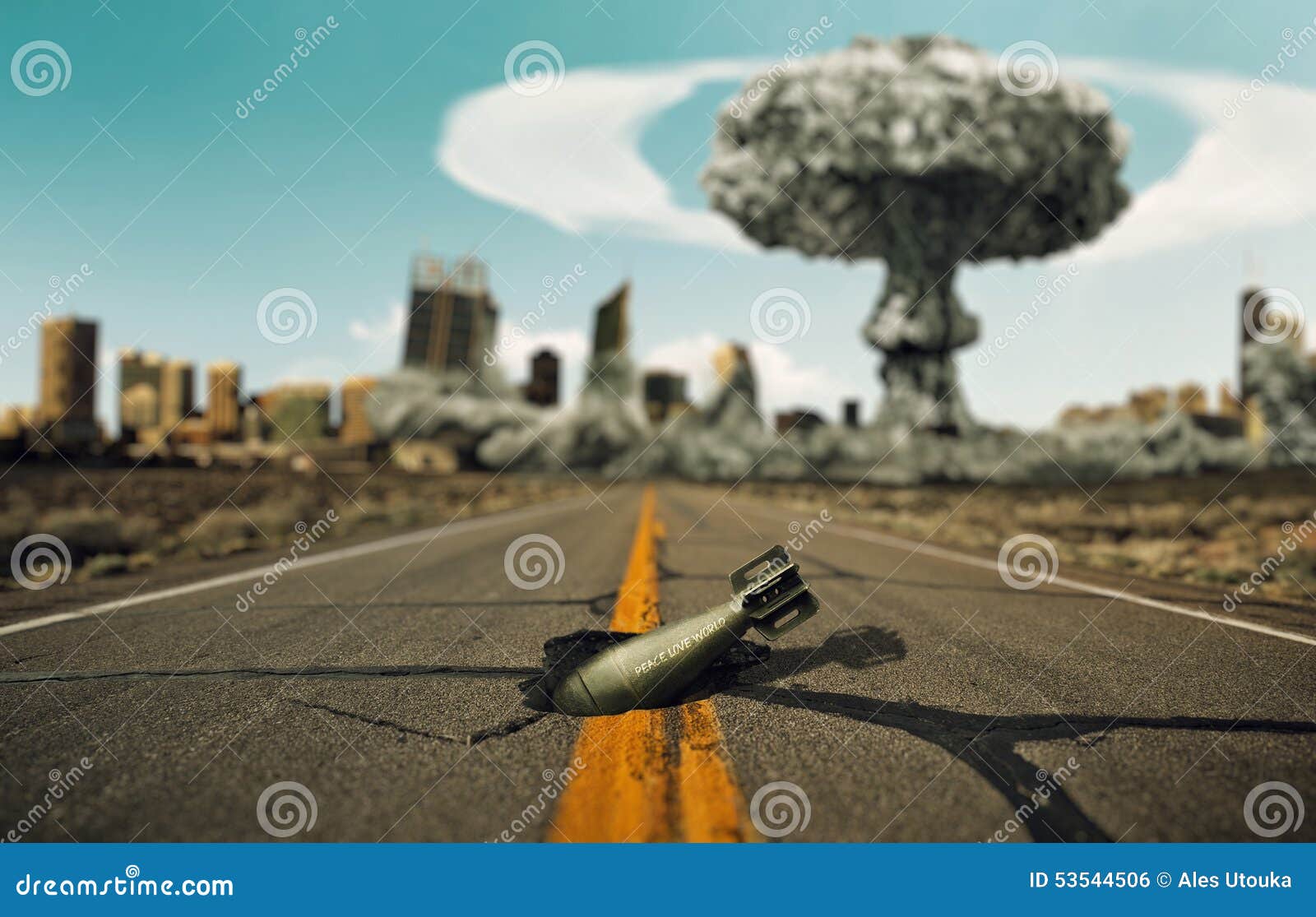 Bomb on the Road. Background a Nuclear Explosion Stock Photo - Image of ...