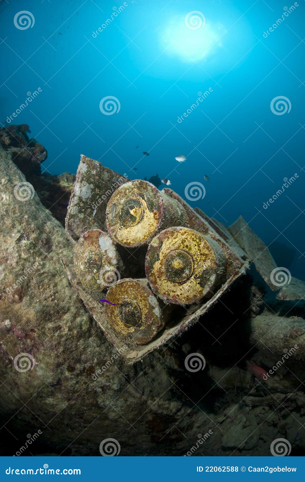 Bomb shells underwater. stock photo. Image of navy, shipwreck - 22062588