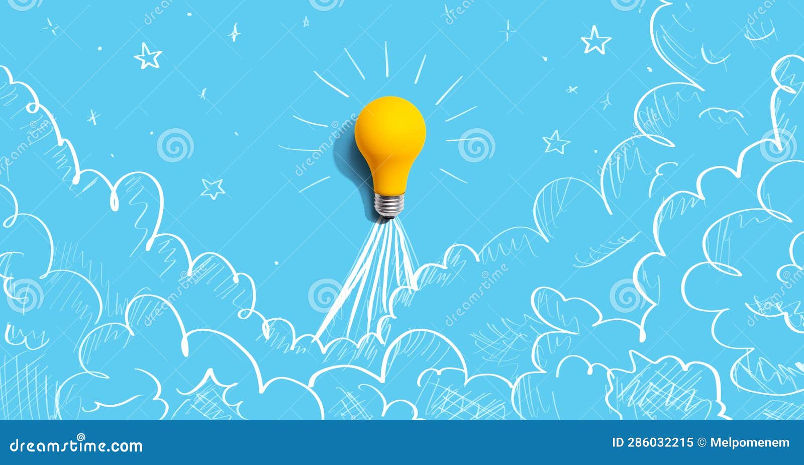 Bombilla De Ideas Volando Al Cielo Como Un Cohete Imagen de archivo ...