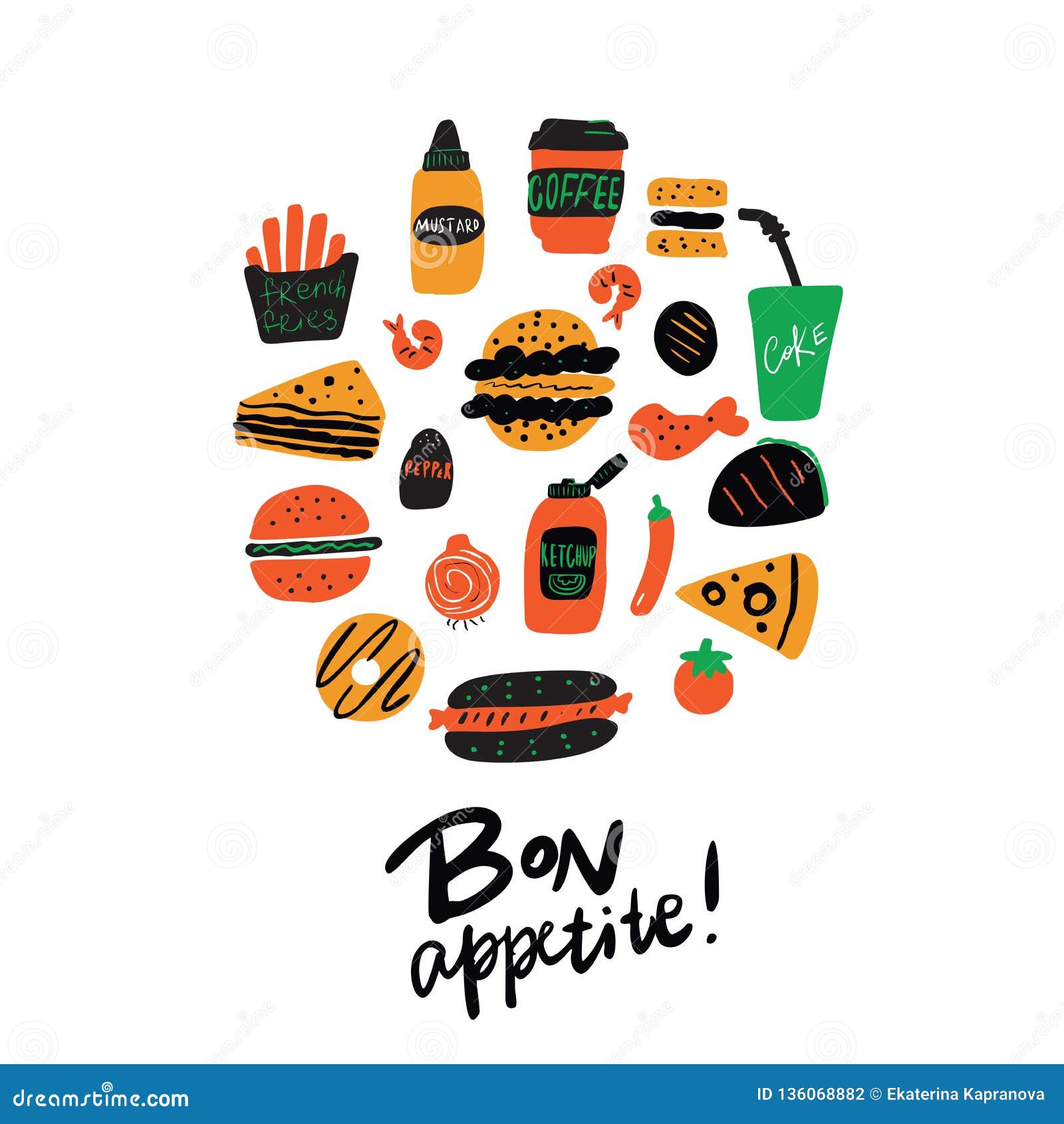 Bon Appetite . Funny Hand Drawn Circle Illustration of Different Fast ...