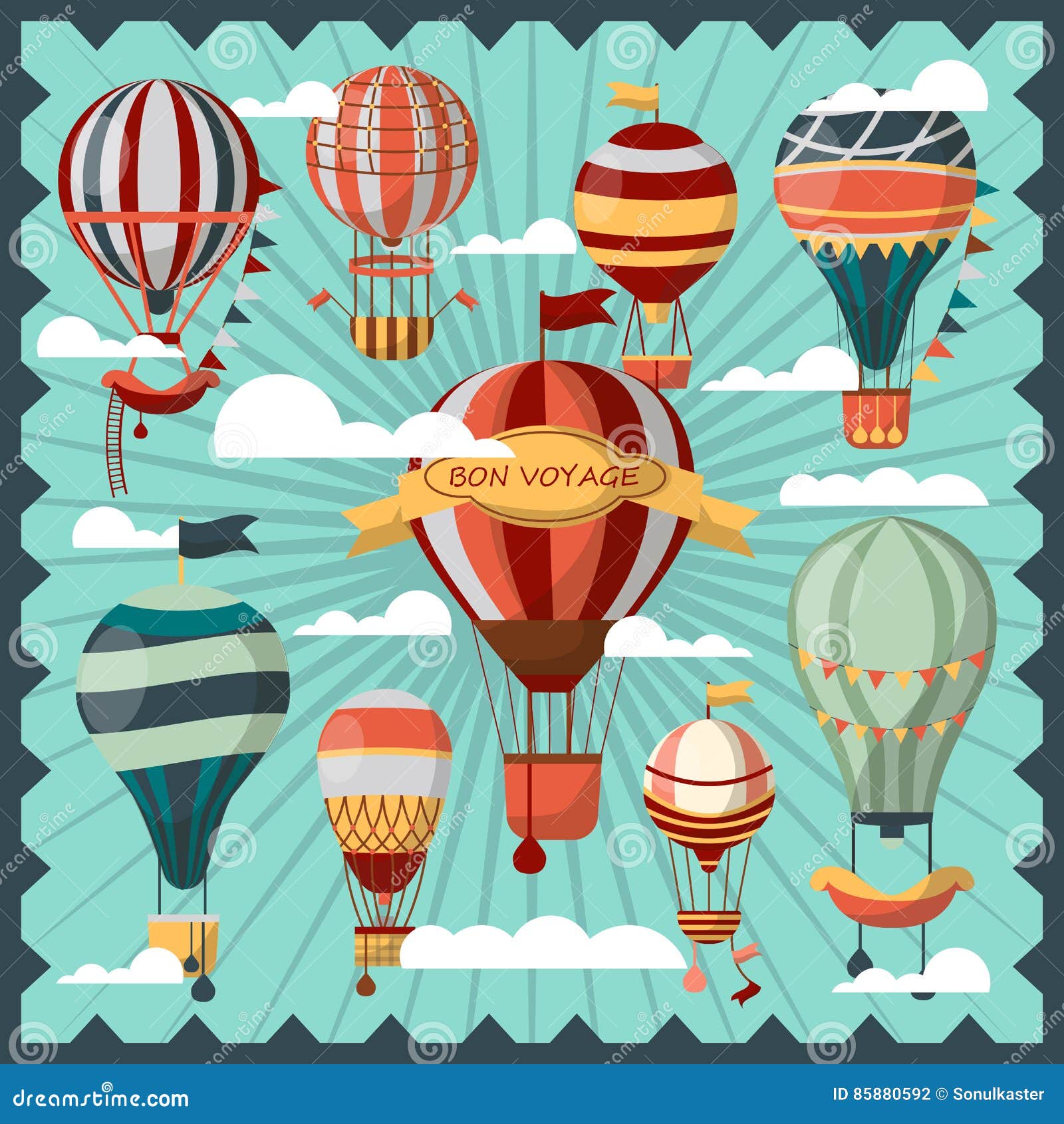 Bon Voyage Air Balloons In Clouds Collection Stock Vector