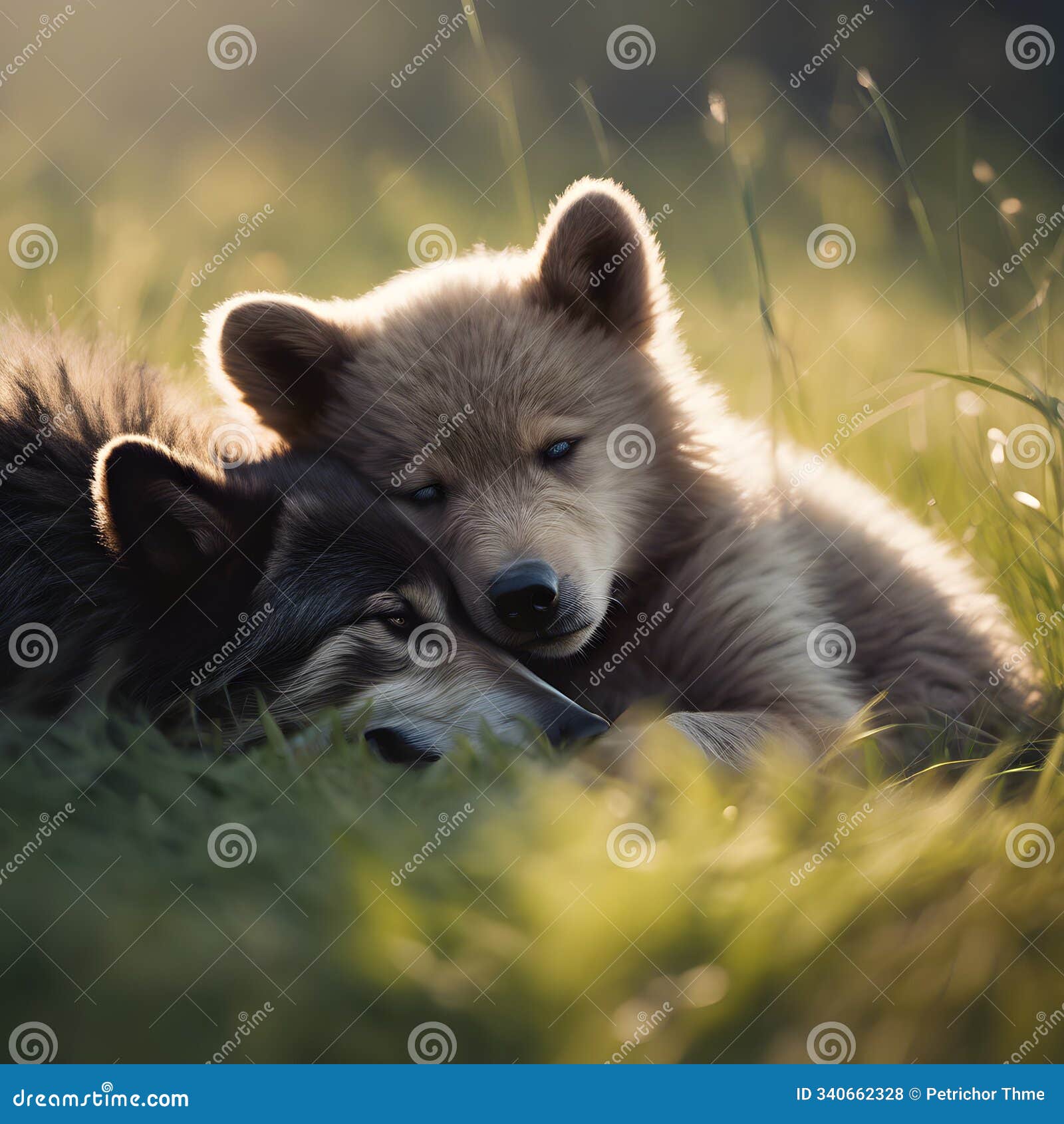 Bonded by Nature: a Bear Cub and Wolf Pup Resting Together Stock Photo ...
