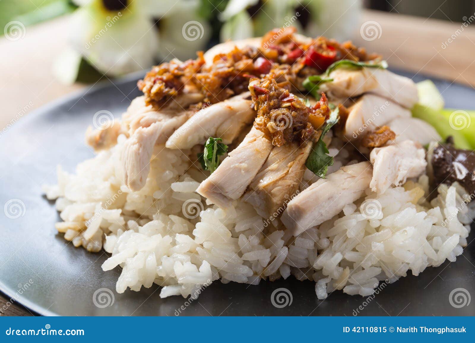 Boned, Sliced Hainan-style Chicken with Marinated Rice Stock Image ...