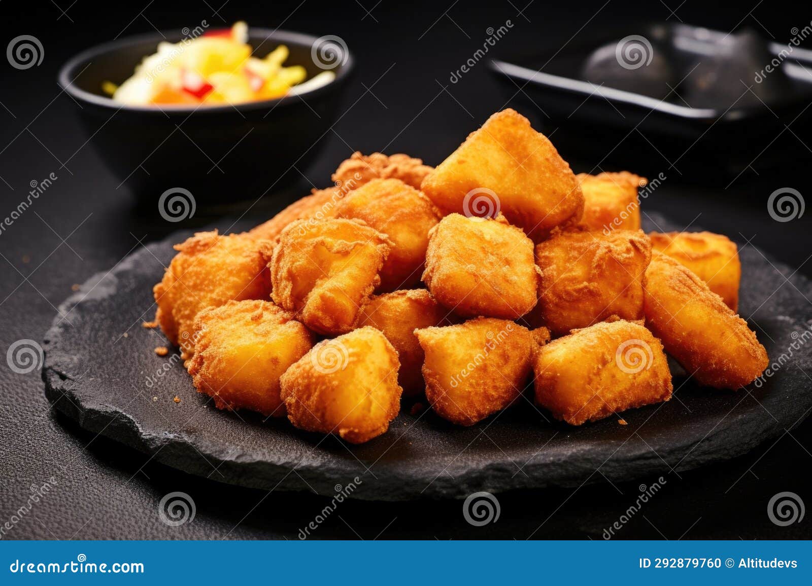 Boneless Fried Chicken Bites on a Black Plate Stock Photo - Image of ...