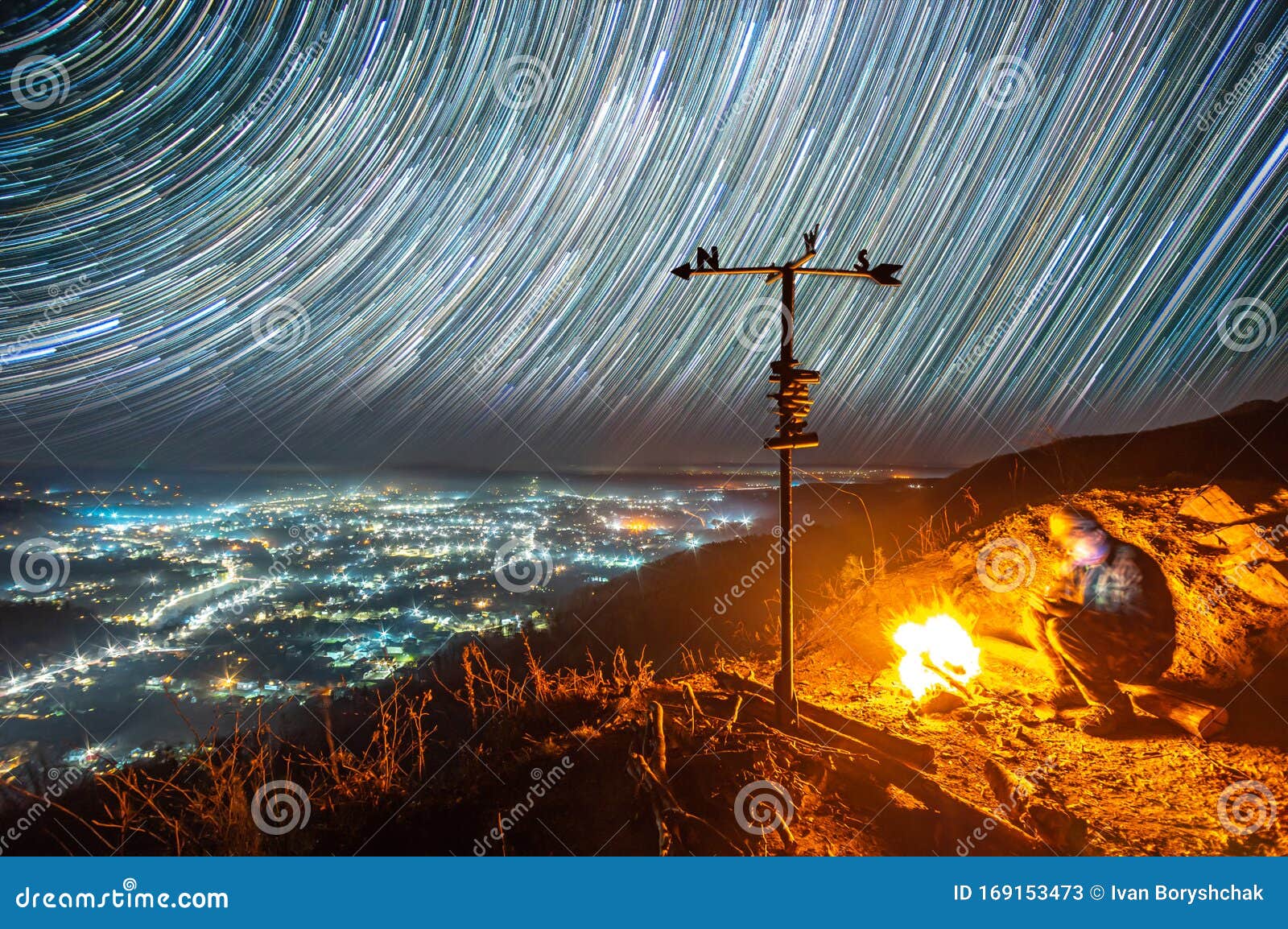 Bonfire on the Background of the Starry Sky and Night City Stock Image ...