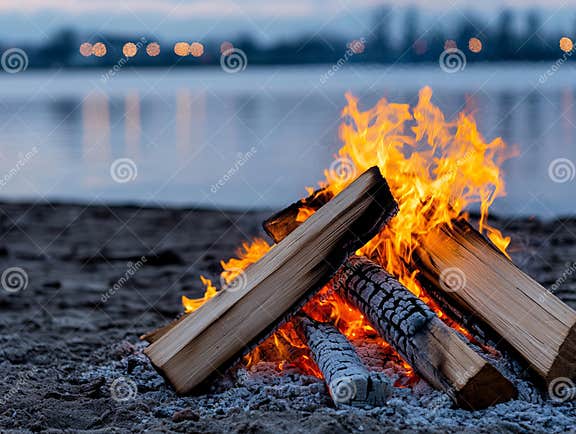 A Bonfire on the Beach with a Lake in the Background Stock Image ...